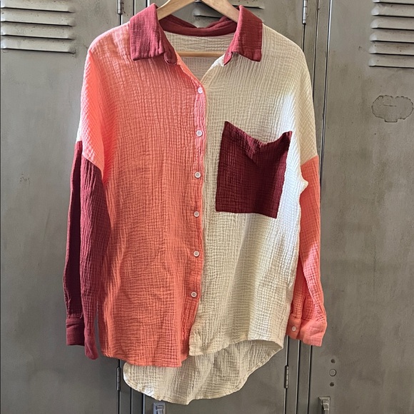 Unknown | Tops | Colorblock Button Down Shirt Red And Cream | Poshmark
